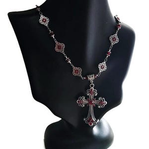Dark Red Gothic Cross Necklace Earrings, Silver Filigree Crystal ...