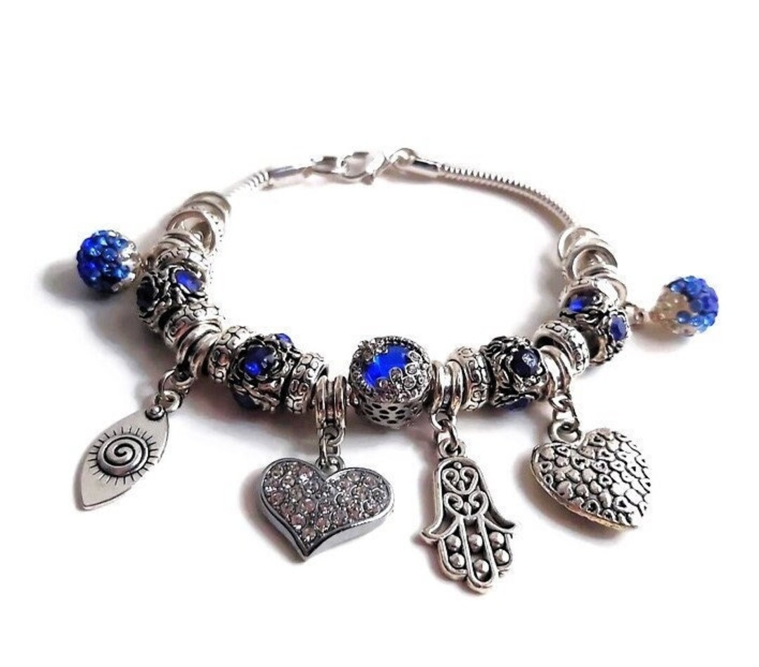 Hamsa Pandora Style Adjustable Bracelet, Silver Snake Chain, European ...