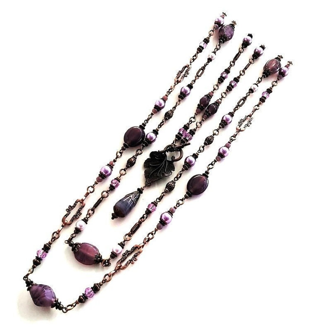 Mauve Purple Layered Necklaces Set, Murano Glass Teardrop Copper ...