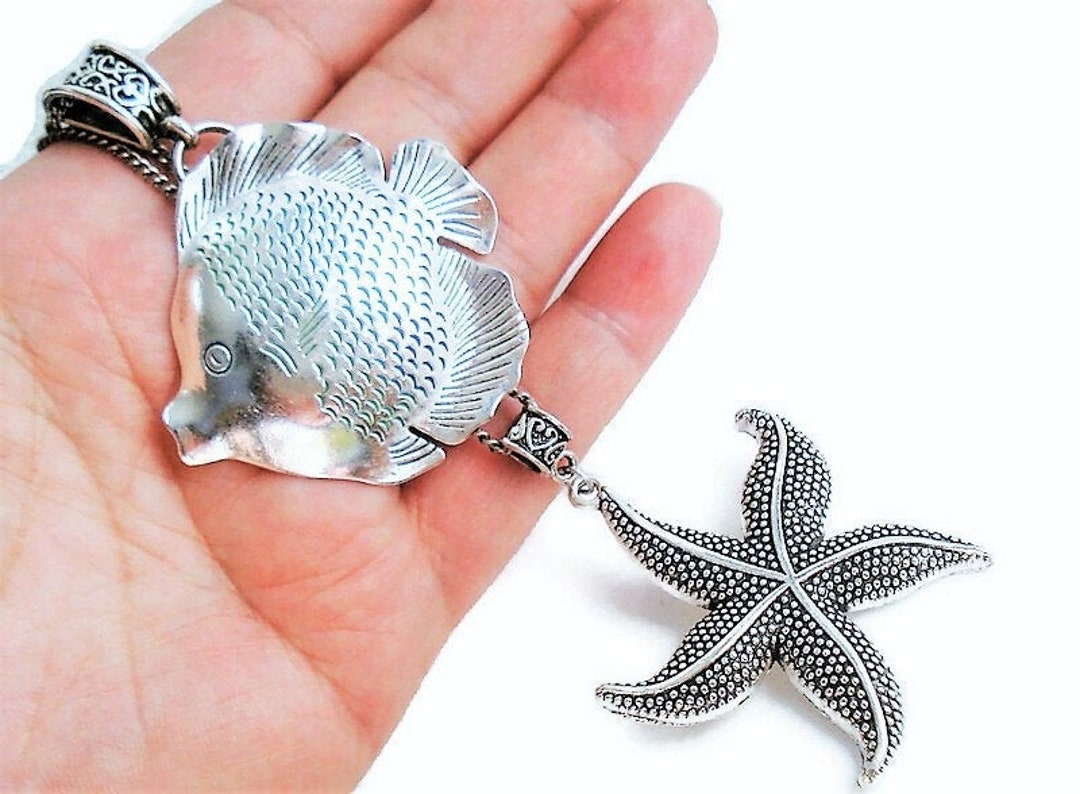 Fish and Starfish Pendant Necklaces Set, Long Silver Layered Necklaces ...