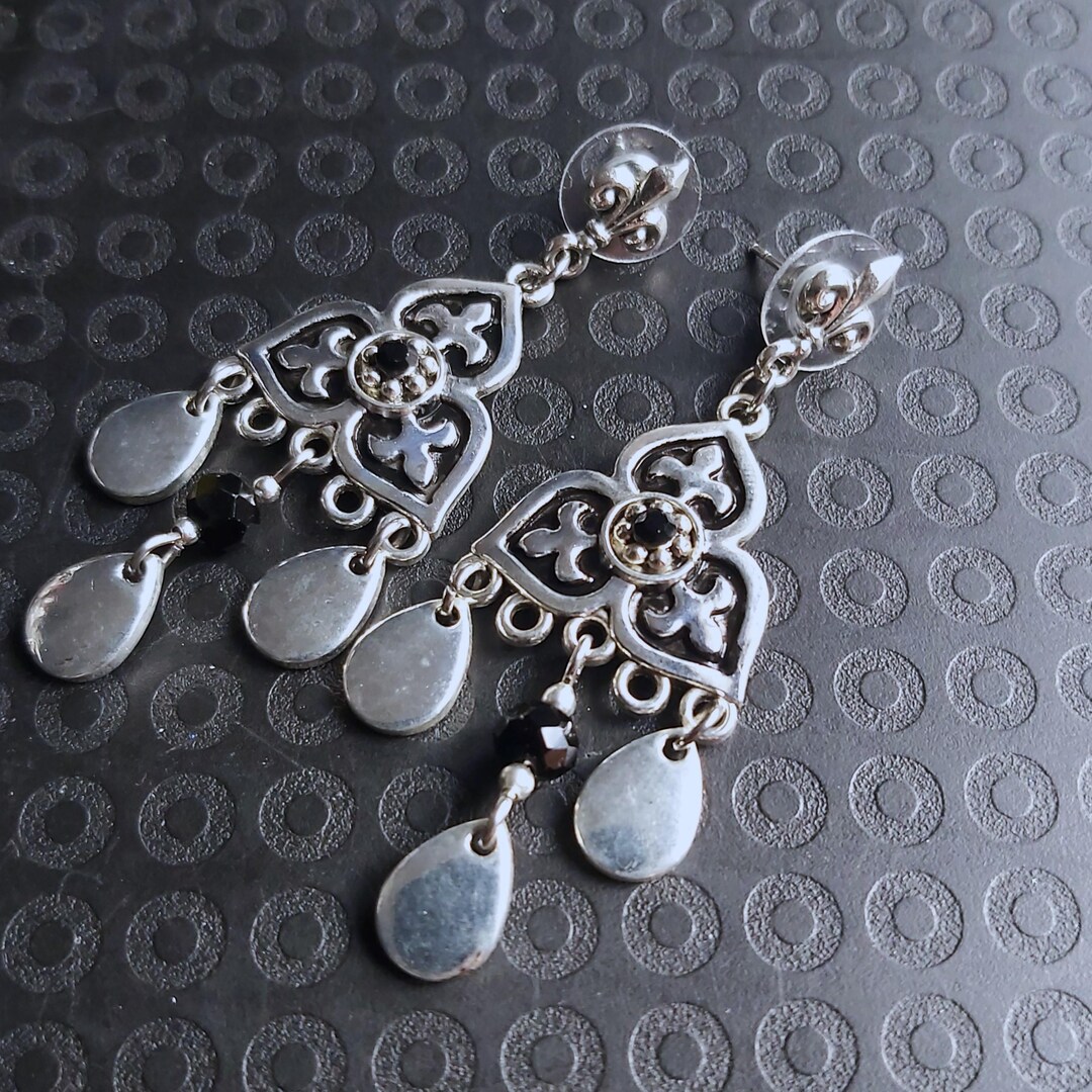 Fleur De Lis Large Chandelier Earrings, Black Patina Crystal Stud ...