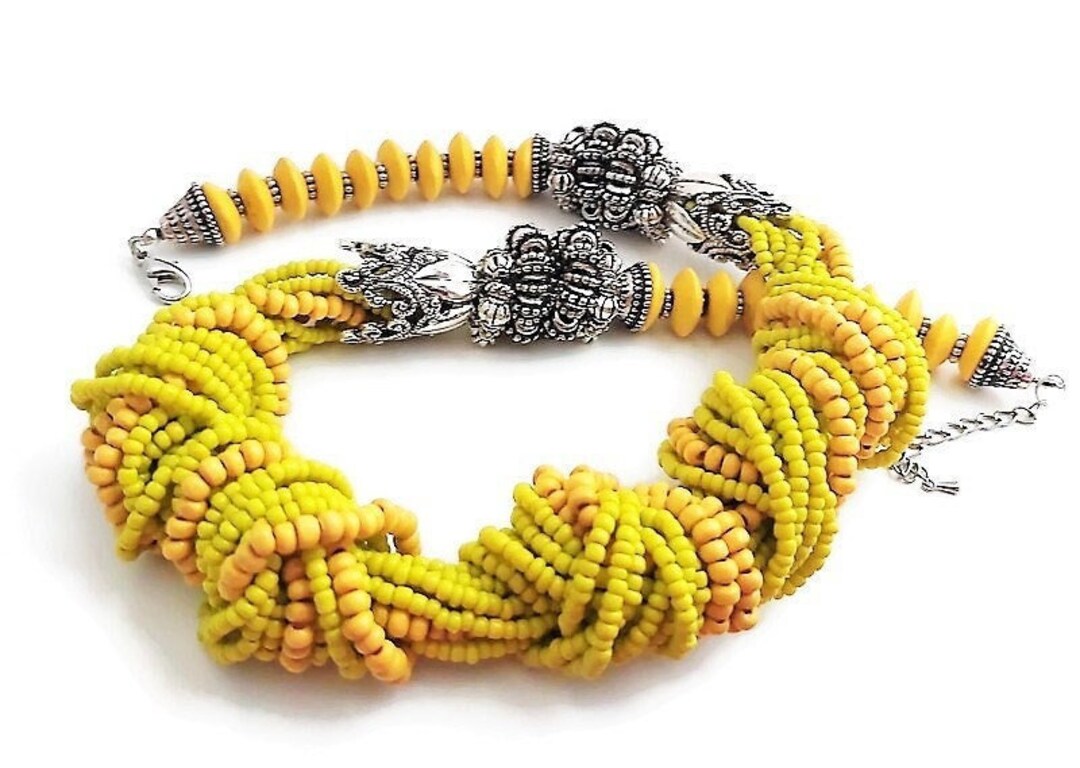 Yellow Glass and Wood Big Bold Necklace Earring, Knotted Beaded Tribal ...