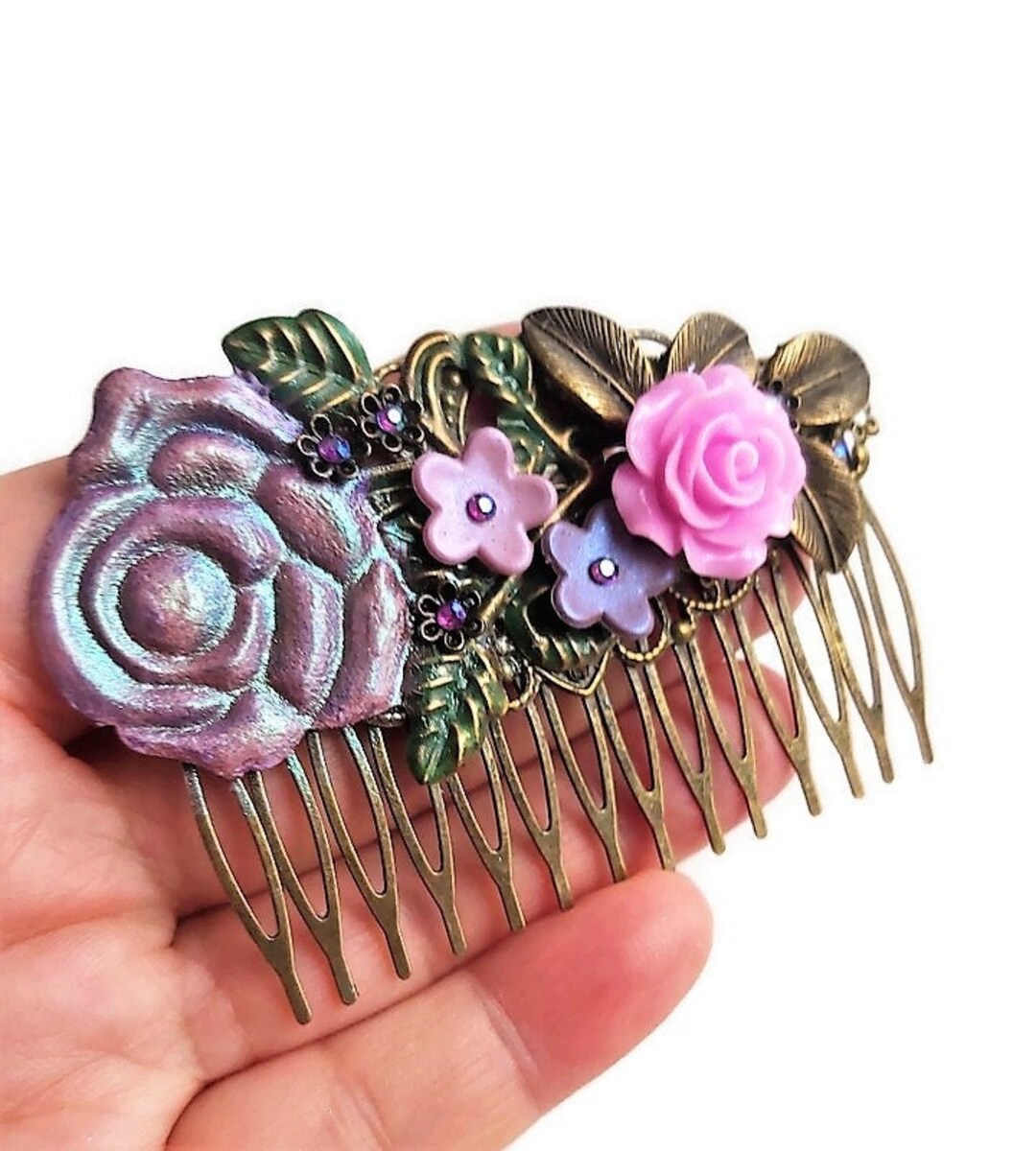 Pastel Purple and Pink Rose Comb, Hand Painted Floral Collage ...