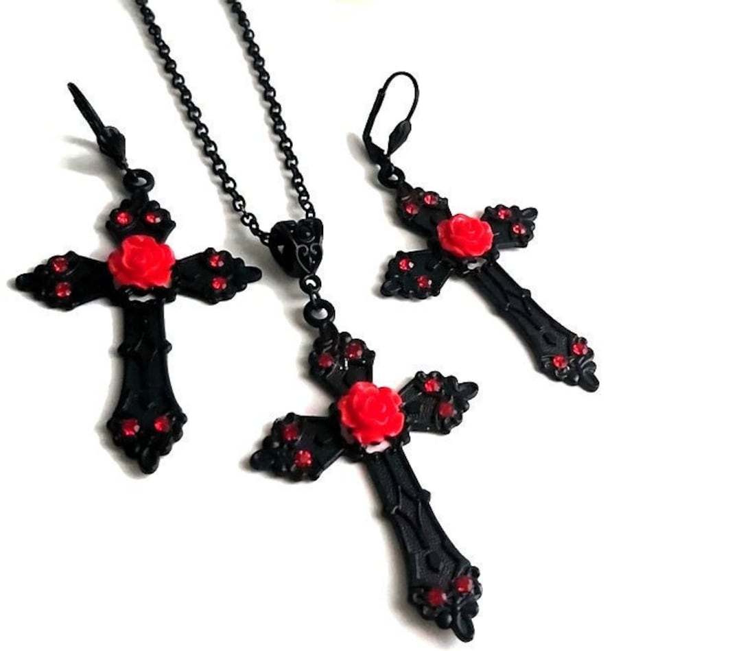 Black Gothic Cross With Red Rose Necklace Earrings Set, Crystal ...