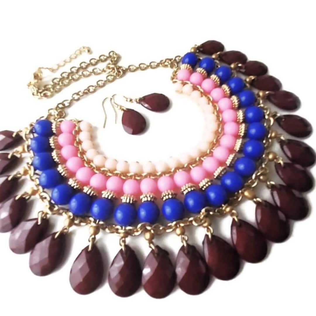 Brown Pink and Blue Cleopatra Style Necklace, Multi Strand Statement ...
