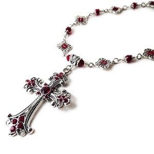Dark Red Gothic Cross Necklace Earrings, Silver Filigree Crystal ...