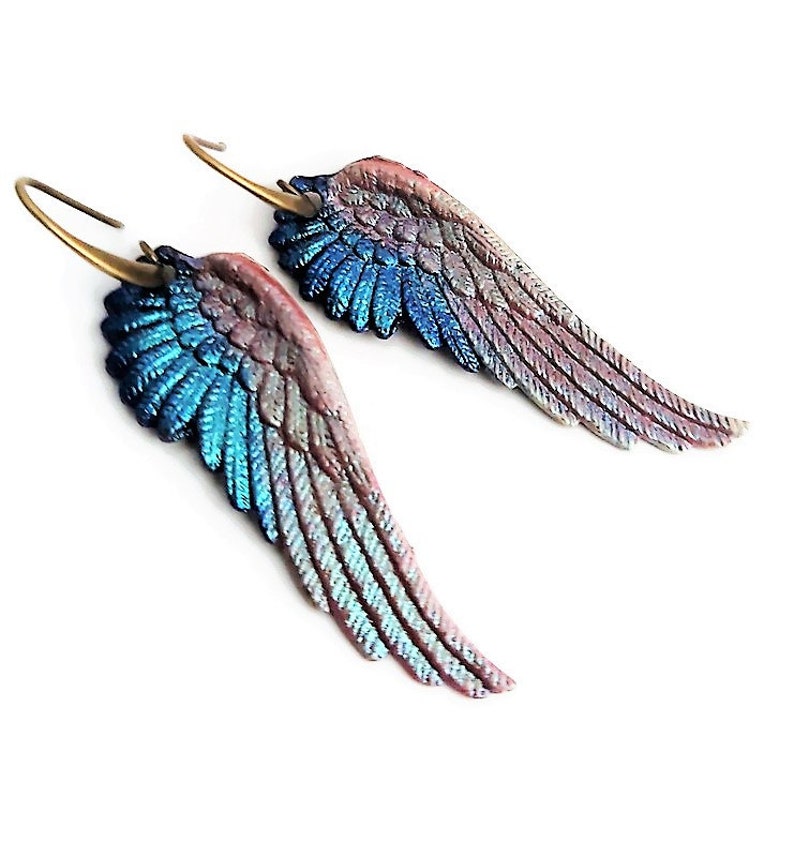 Iridescent Angel Wing Earrings, Color Shifting Blue Pink Large Dangles ...