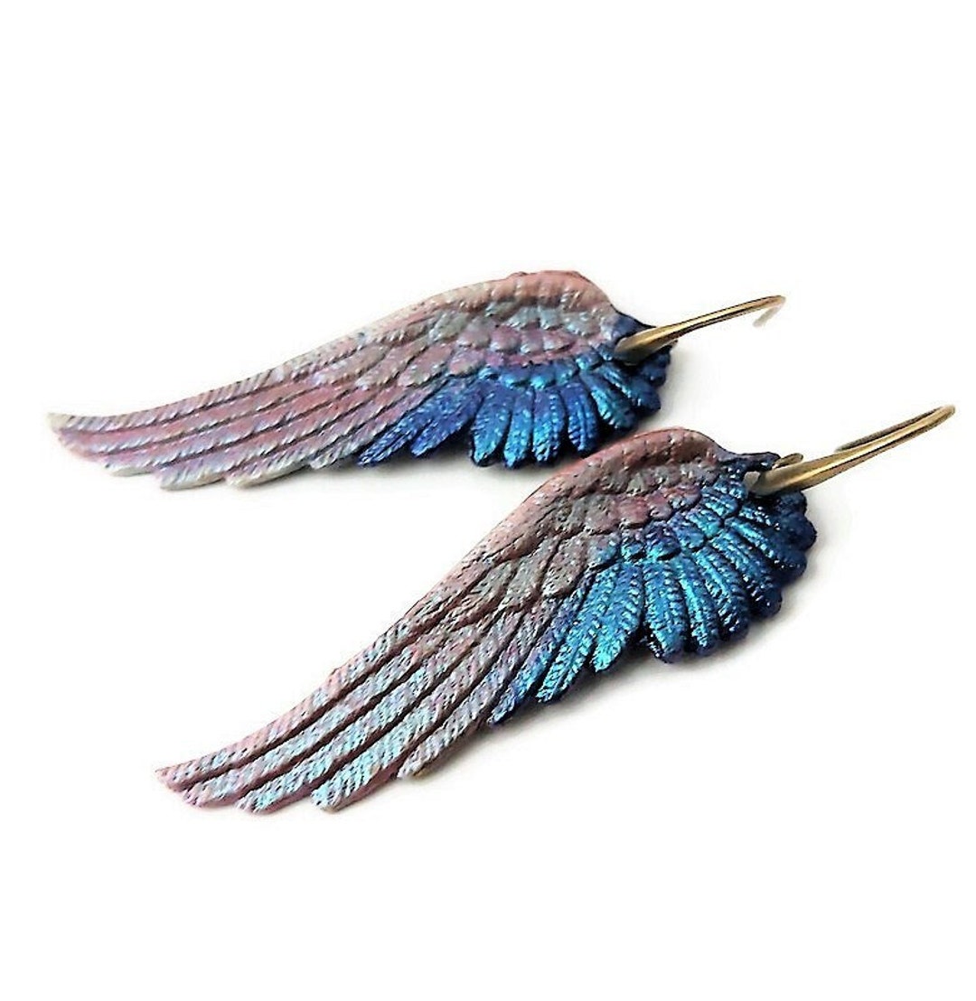 Iridescent Angel Wing Earrings, Color Shifting Blue Pink Large Dangles ...