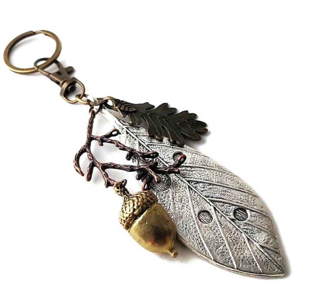 Large Silver Leaf Oak Leaf and Acorn Keychain, Autumn Woodland Keychain ...