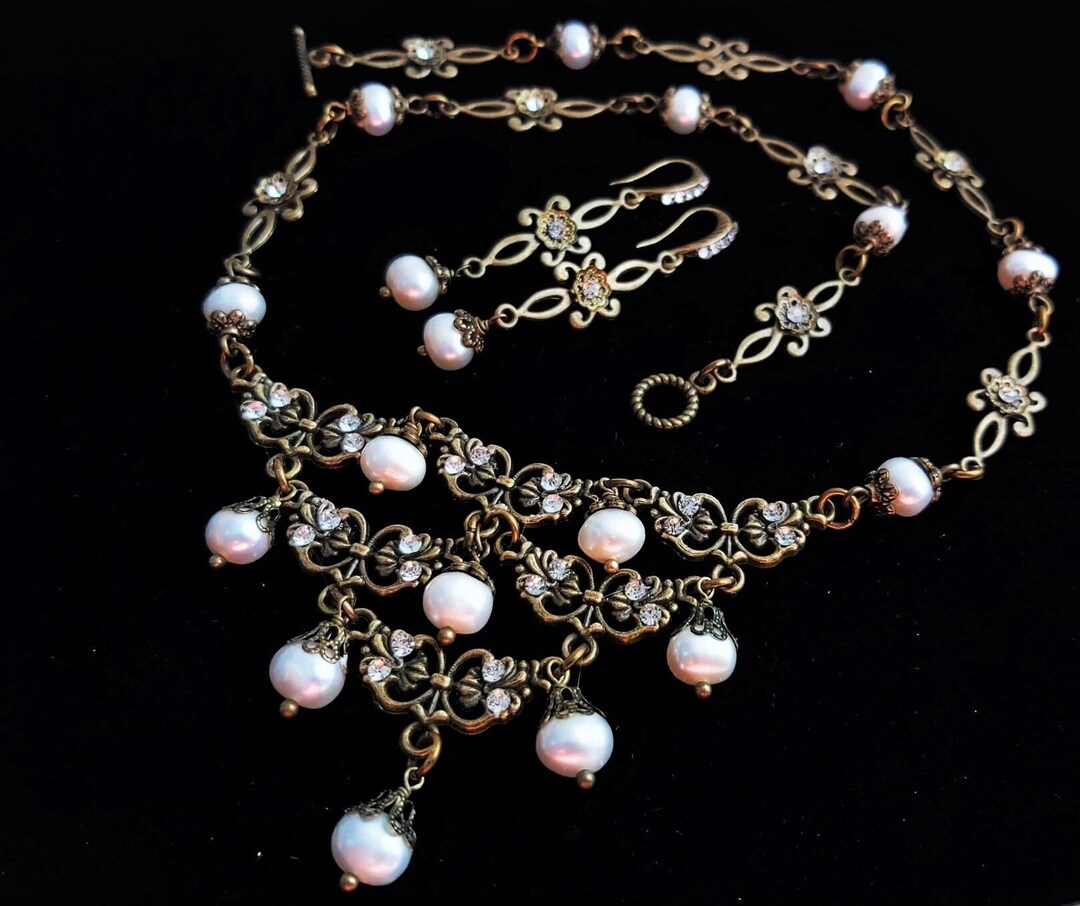 Freshwater Pearl Victorian Bridal Necklace Earrings, Brass Filigree ...