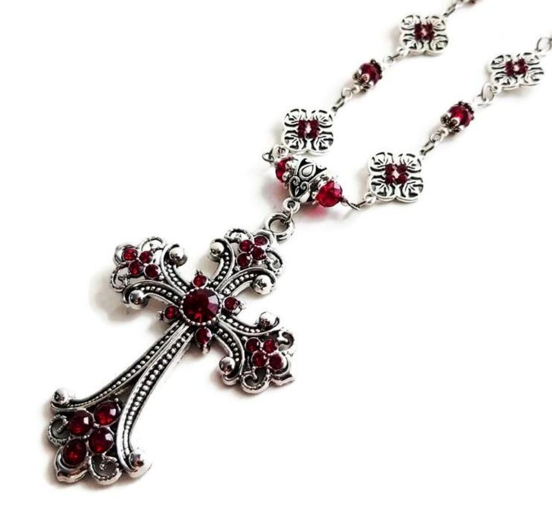Dark Red Gothic Cross Necklace Earrings, Silver Filigree Crystal ...