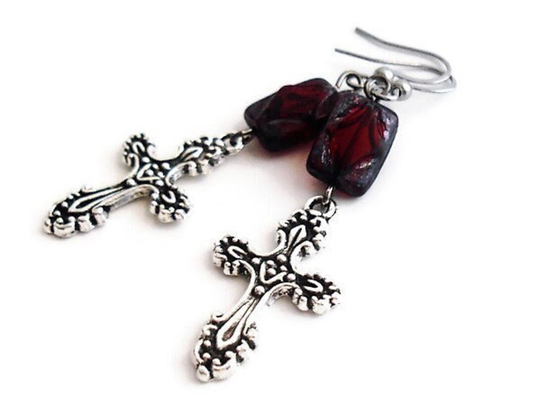 Blood Red Gothic Cross Earrings, Czech Glass Antique Silver Dainty ...