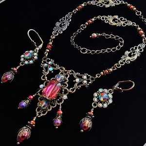 Ruby Red Victorian Necklace Earrings Set, Brass Filigree Rhinestone Choker Necklace, Statement ...