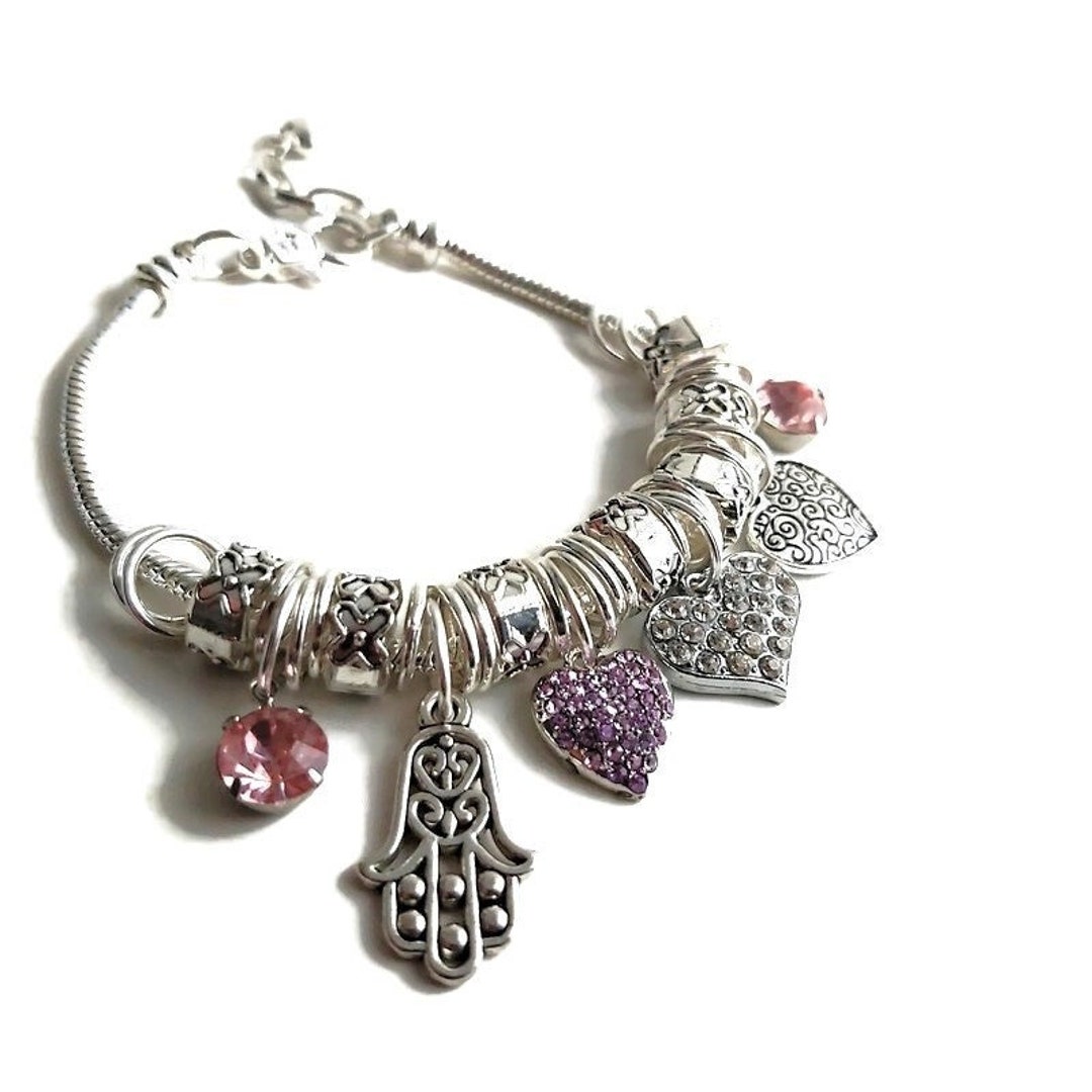 Pandora Style European Charm Silver Bracelet, Rhinestone Heart Bling ...