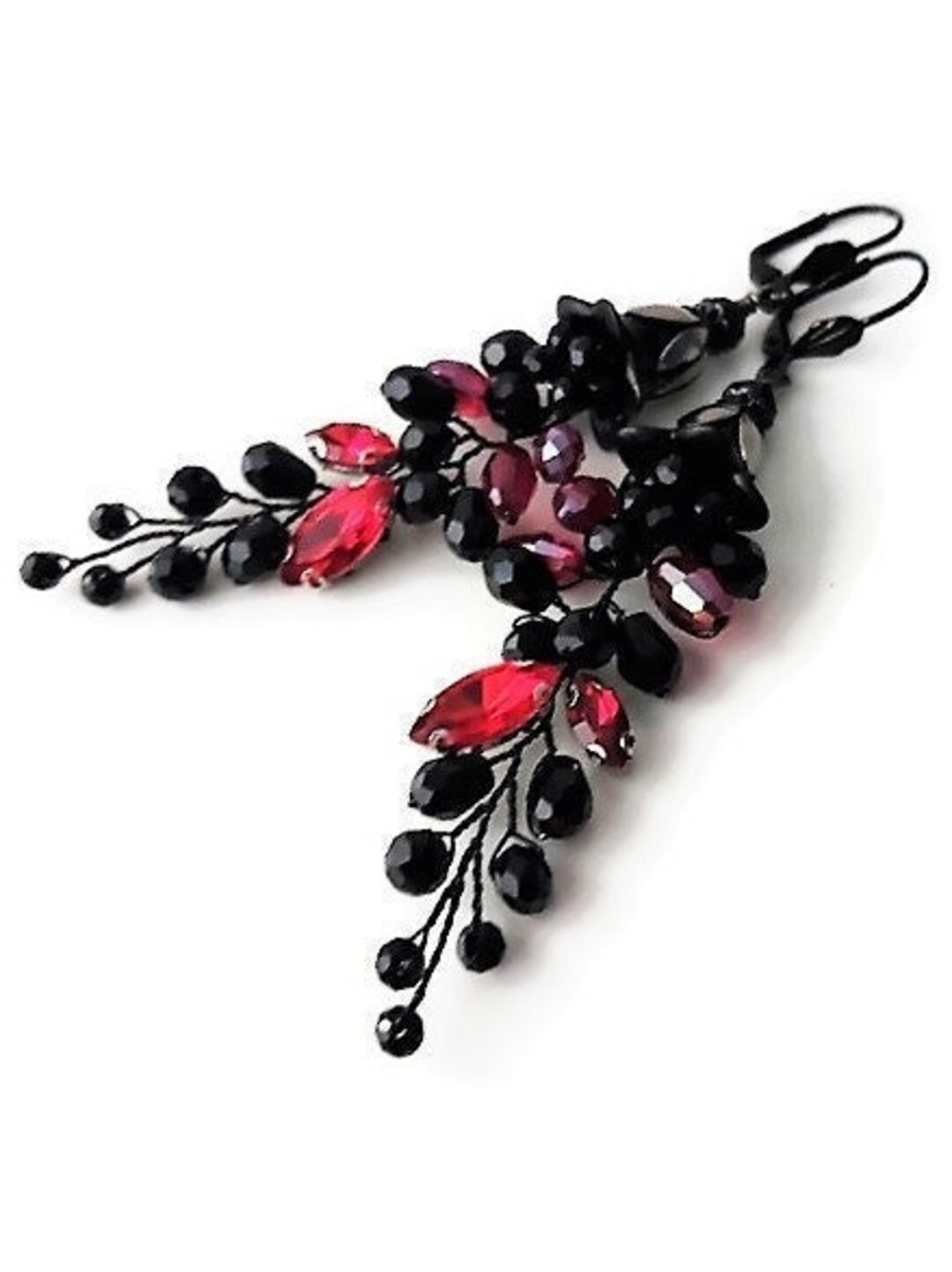 Black and Red Gothic Bridal Earrings, Wire Wrapped Long Flower Branch ...