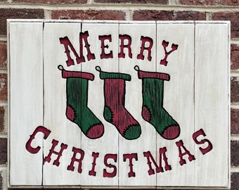 MERRY CHRISTMAS Wood Stocking SIGN Wall Door Hanger Plaque Holiday ...