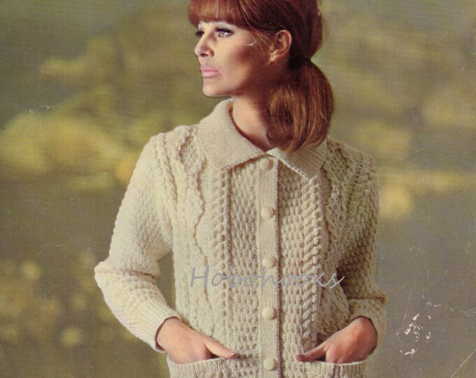 Vintage Knitting Pattern Womens Traditional Cabled Aran Cardigan ...