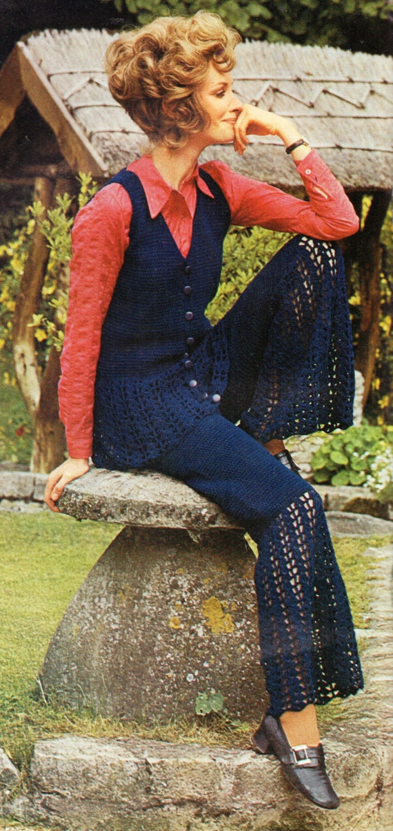 Vintage womens crochet trouser suit crochet pattern pdf pant | Etsy