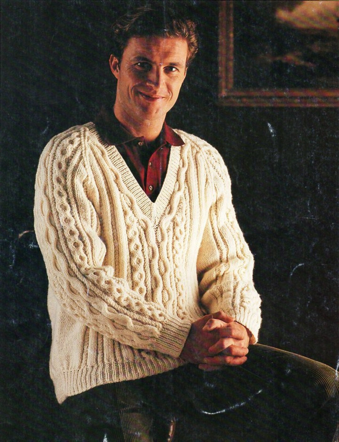 Mens Aran Sweater Knitting Pattern Pdf Mens Cable V Neck Jumper 36-46 ...