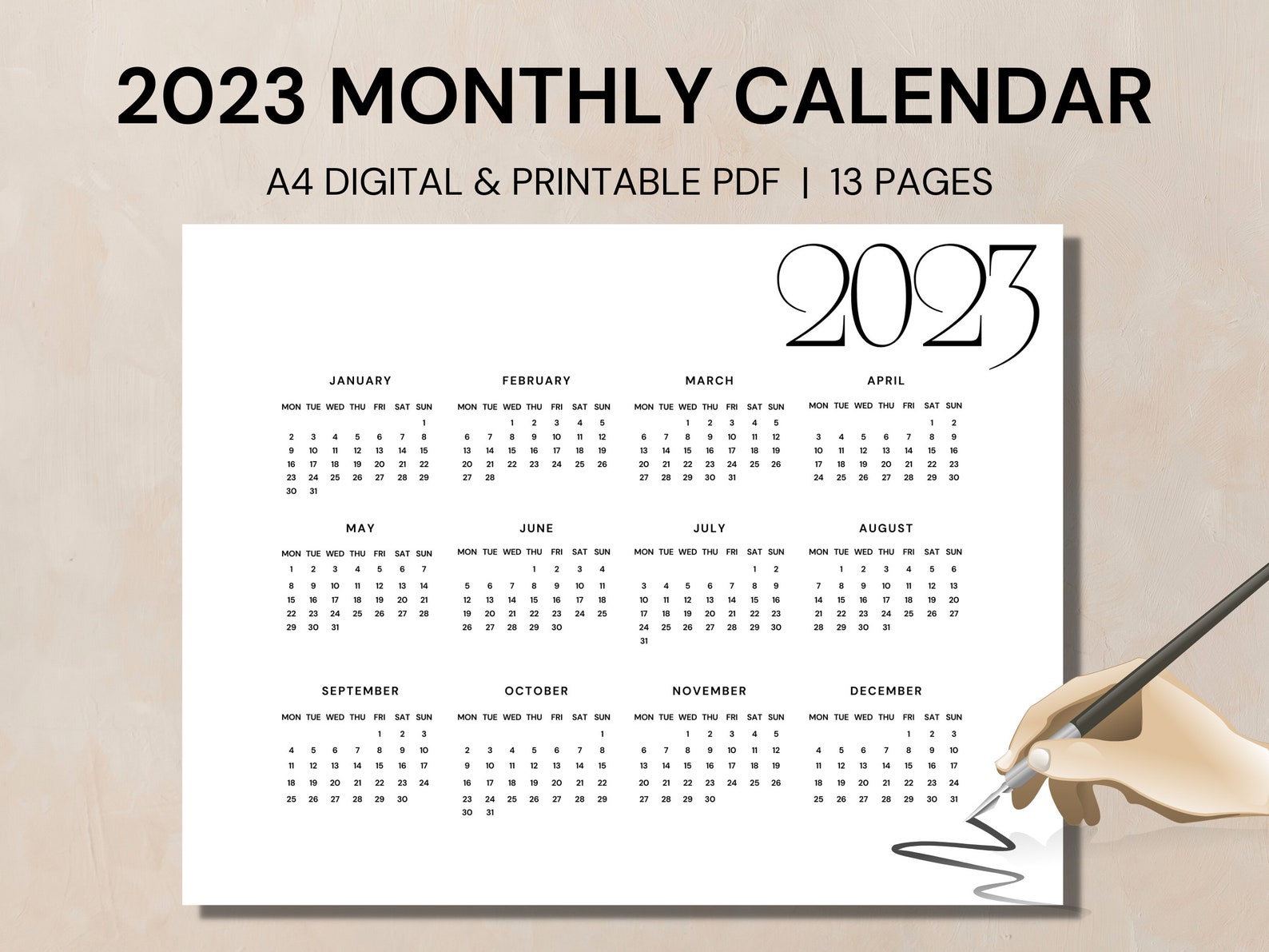 2023 Monthly Calendar Landscape A4 Printable Calendar Year - Etsy