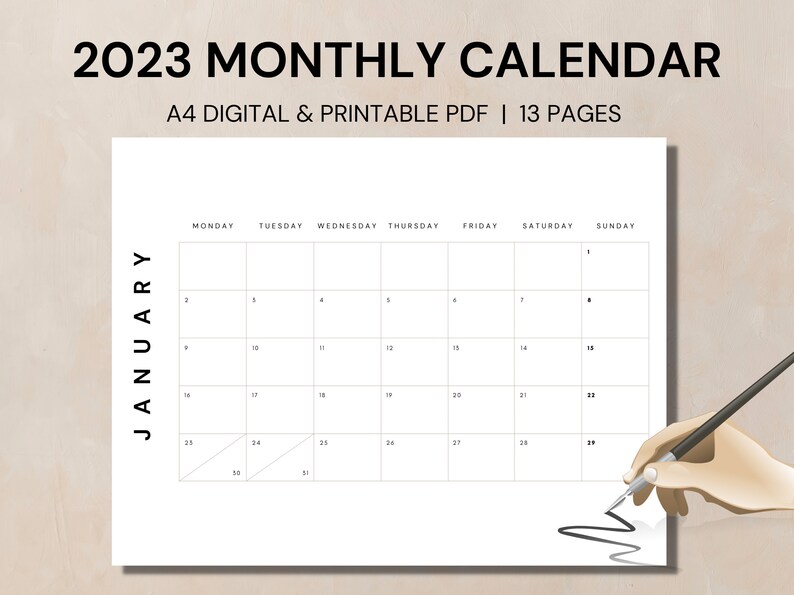 2023 Monthly Calendar Landscape A4 Printable Calendar Year - Etsy
