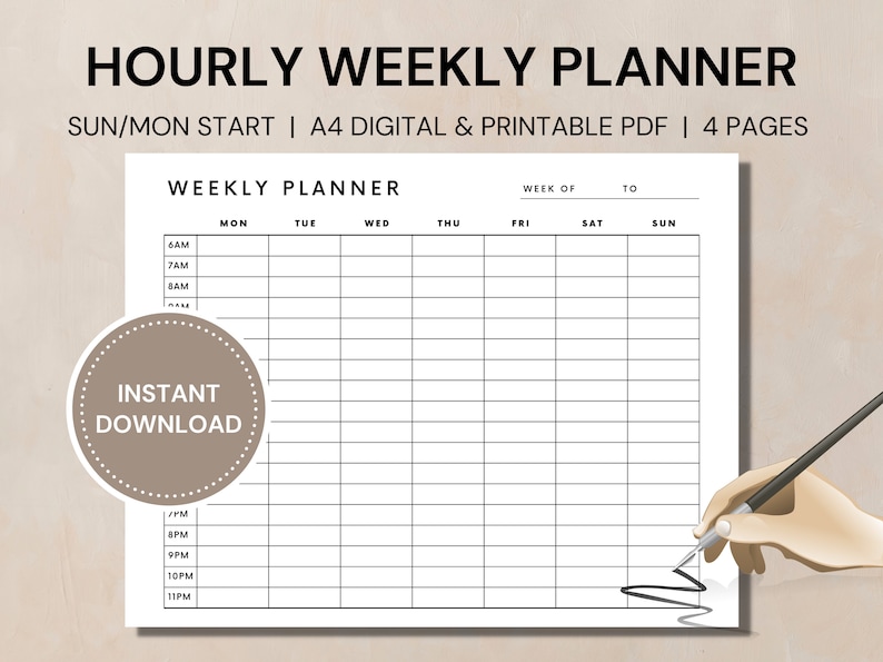 Hourly Weekly Schedule Landscape Weekly Planner Printable - Etsy