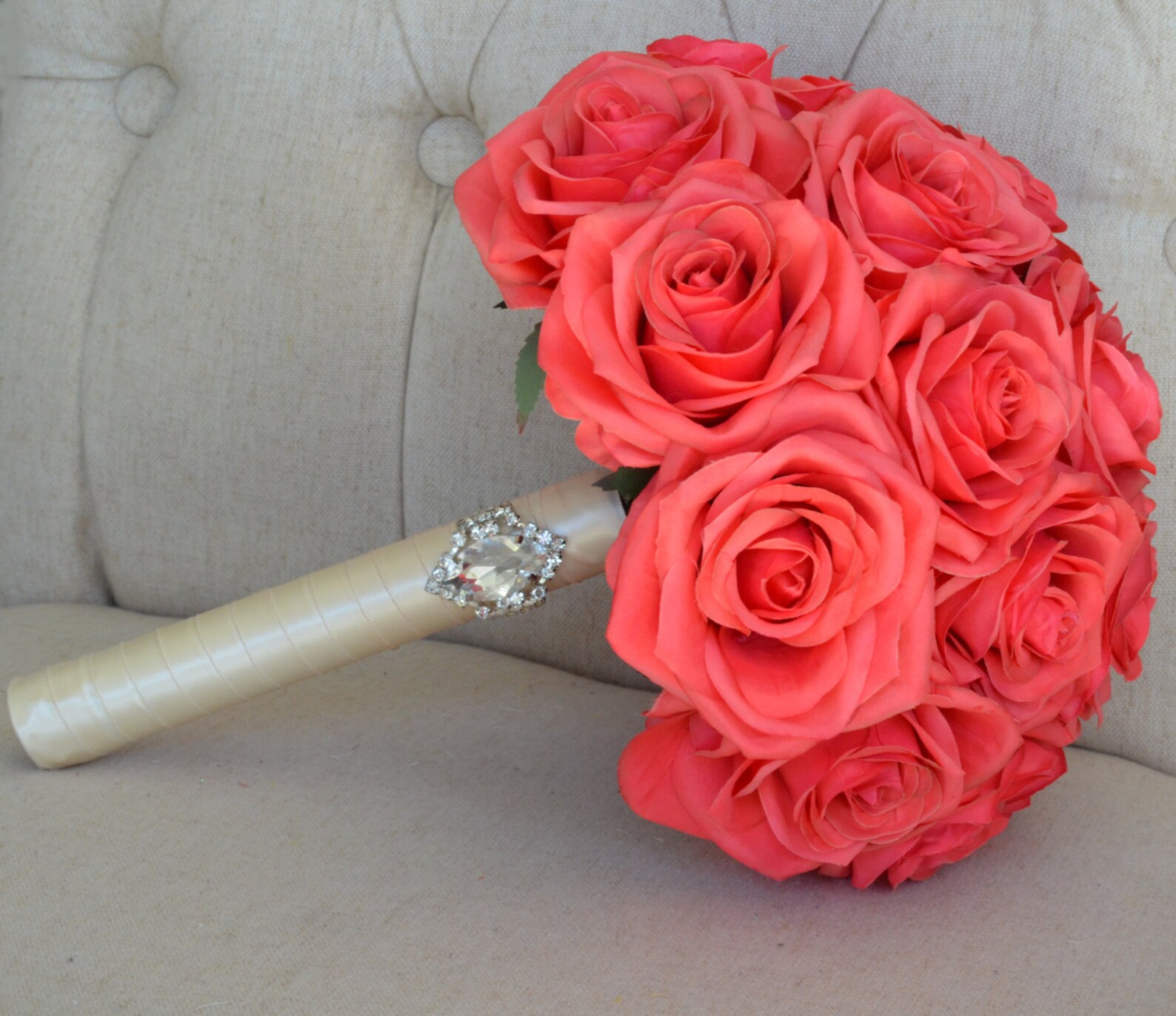 CORAL BRIDAL Bouquet. Real Touch Silk Roses. BROOCH Bouquet. | Etsy