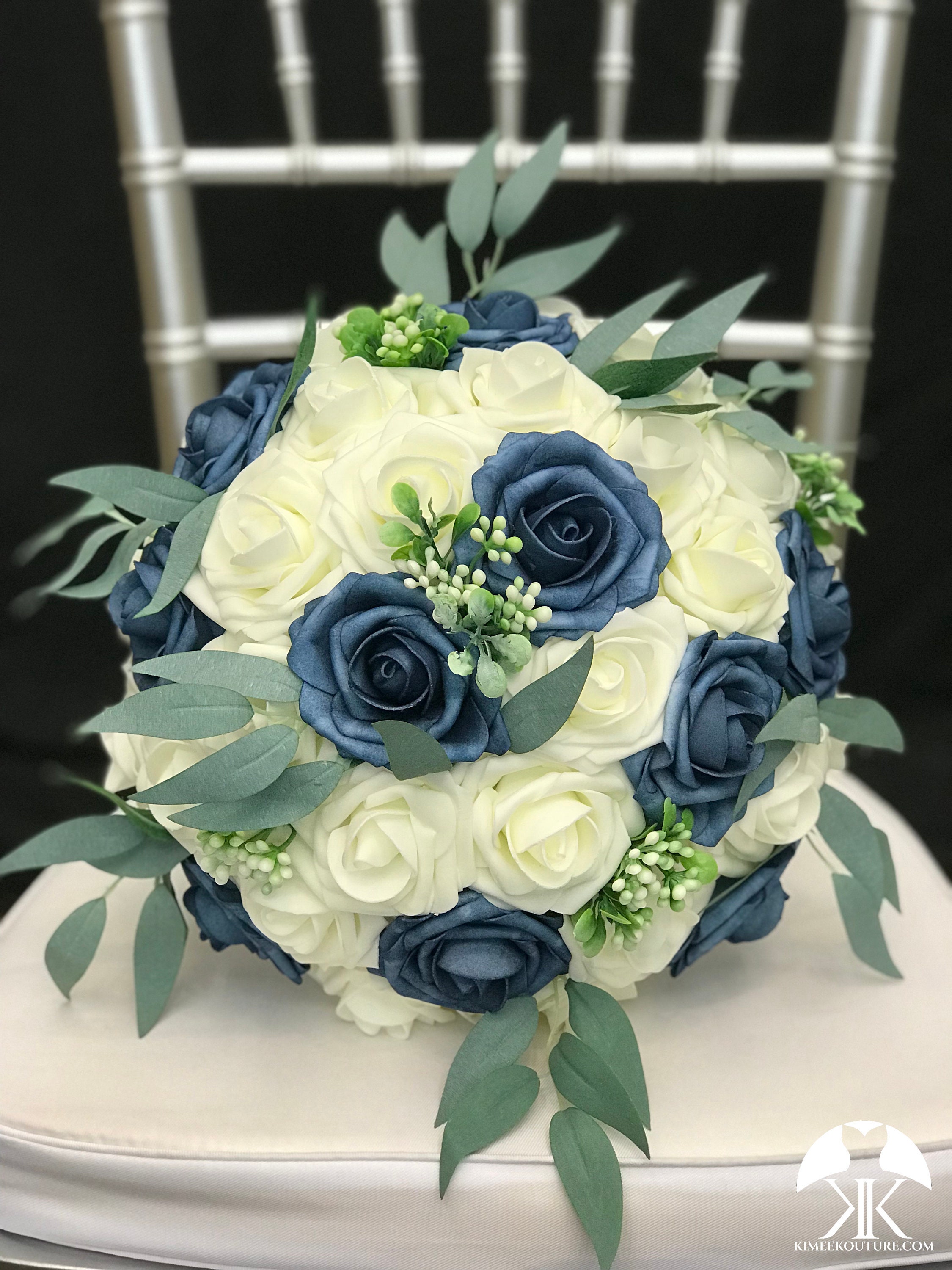 Rustic Bridal Bouquet. DUSTY SLATE BLUE & Ivory Bridal Bouquet | Etsy