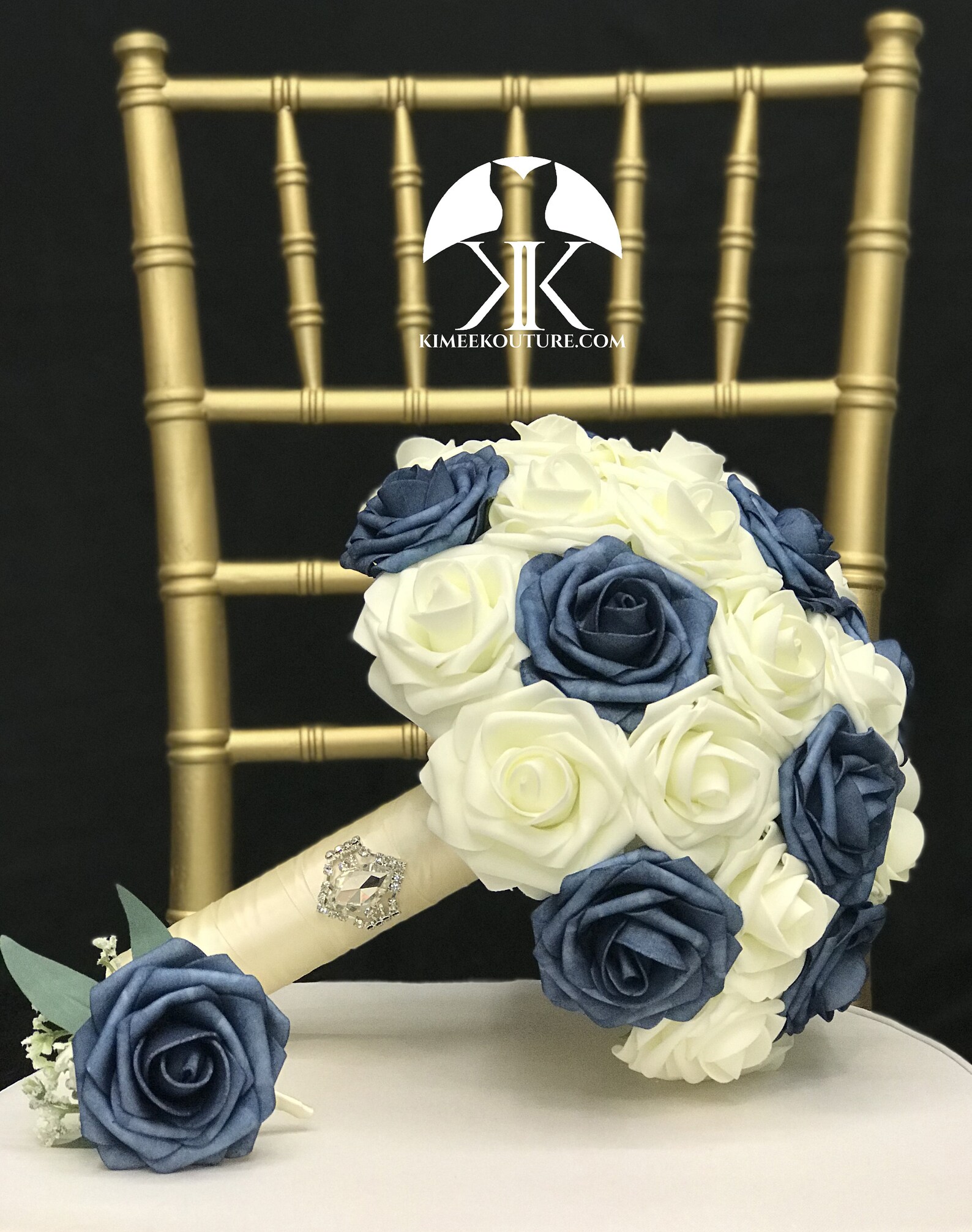 DUSTY SLATE Blue & Ivory BRIDAL Bouquet With Brooch Gem - Etsy
