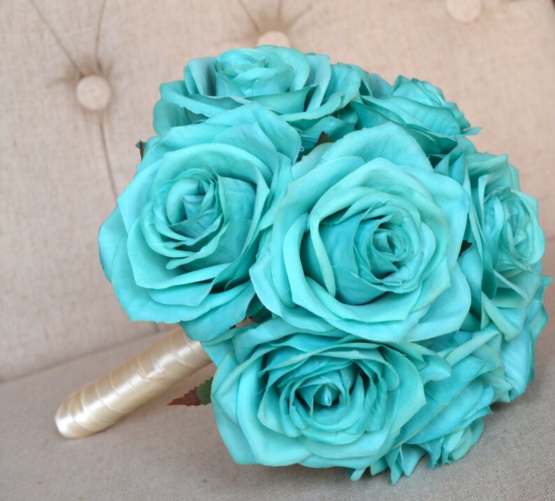 Turquoise BRIDESMAID bouquet. Real Touch Silk Roses. Brooch | Etsy