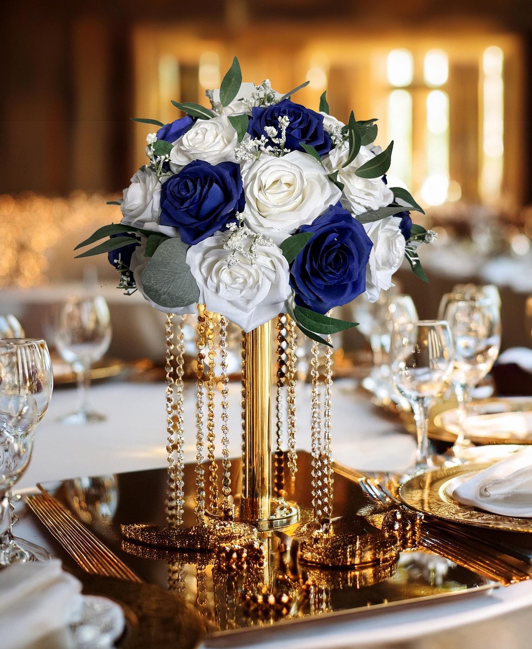 Royal Blue & Ivory Rose Bouquet: Rustic Wedding Centerpiece - Etsy