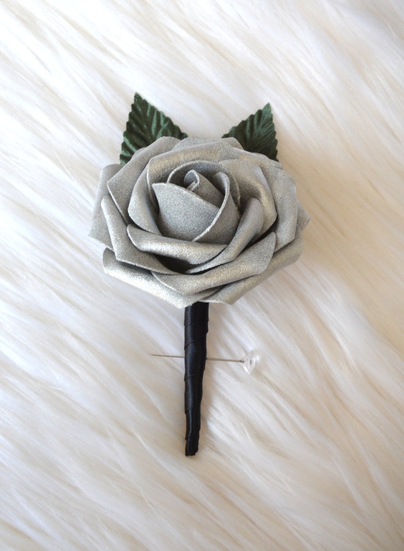 SILVER BOUTONNIERE. Wedding Single Rose & Ribbon Boutonniere - Etsy