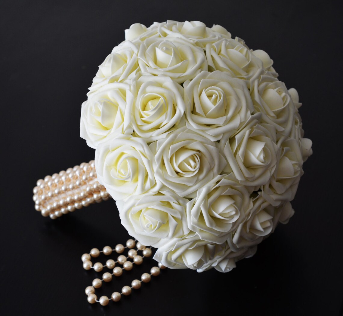 Pearl Wrapped Bridal Bouquet: Real Touch Roses, Draping Pearls - Etsy