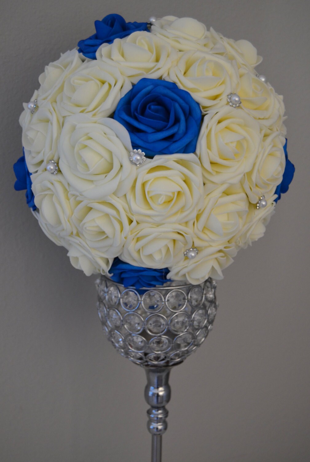Ivory With Royal Blue Accents Flower Ball With Brooch Premium - Etsy