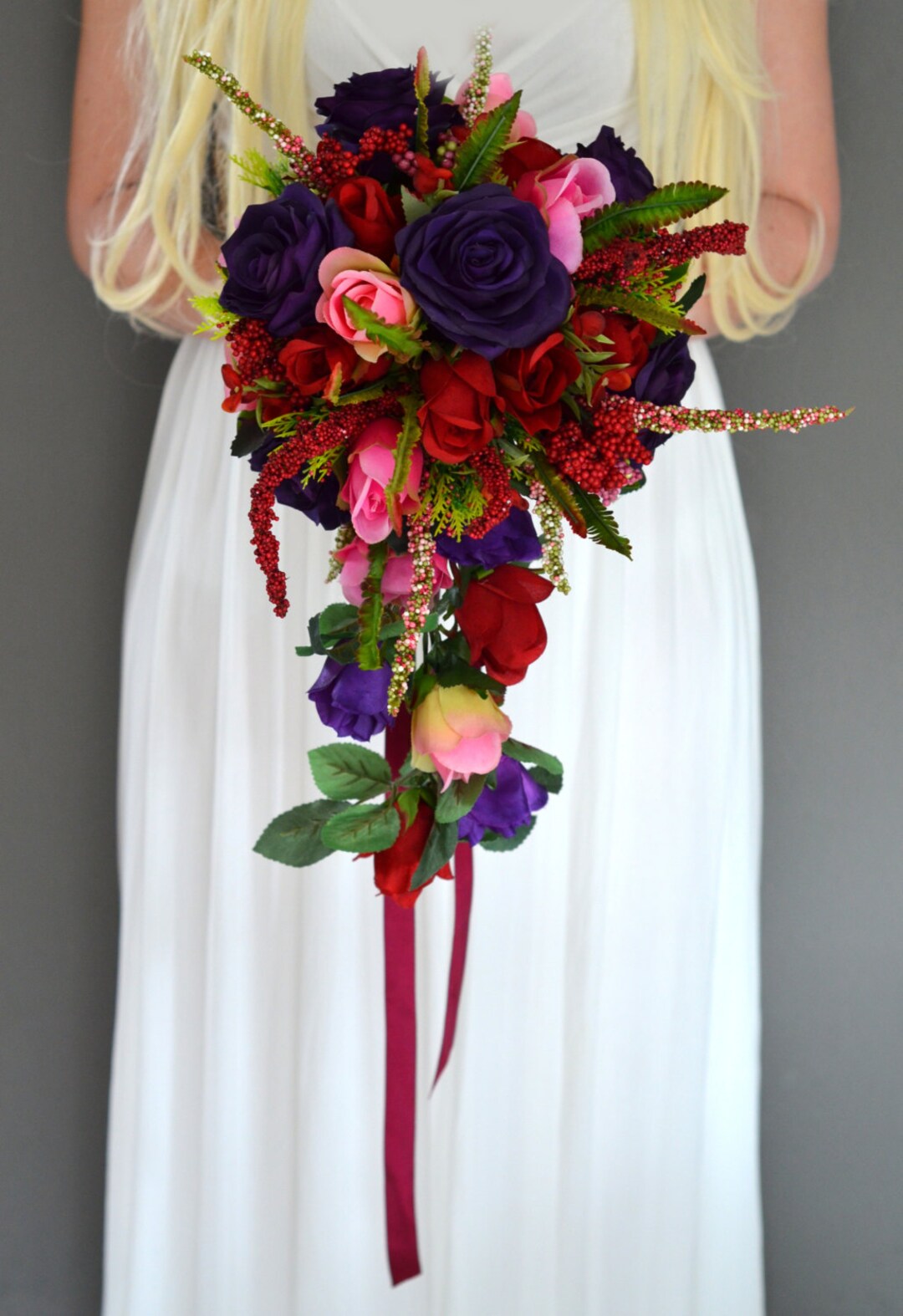 CASCADING BRIDAL BOUQUET. Cascading Bouquet With Vibrant Red, Fuchsia ...