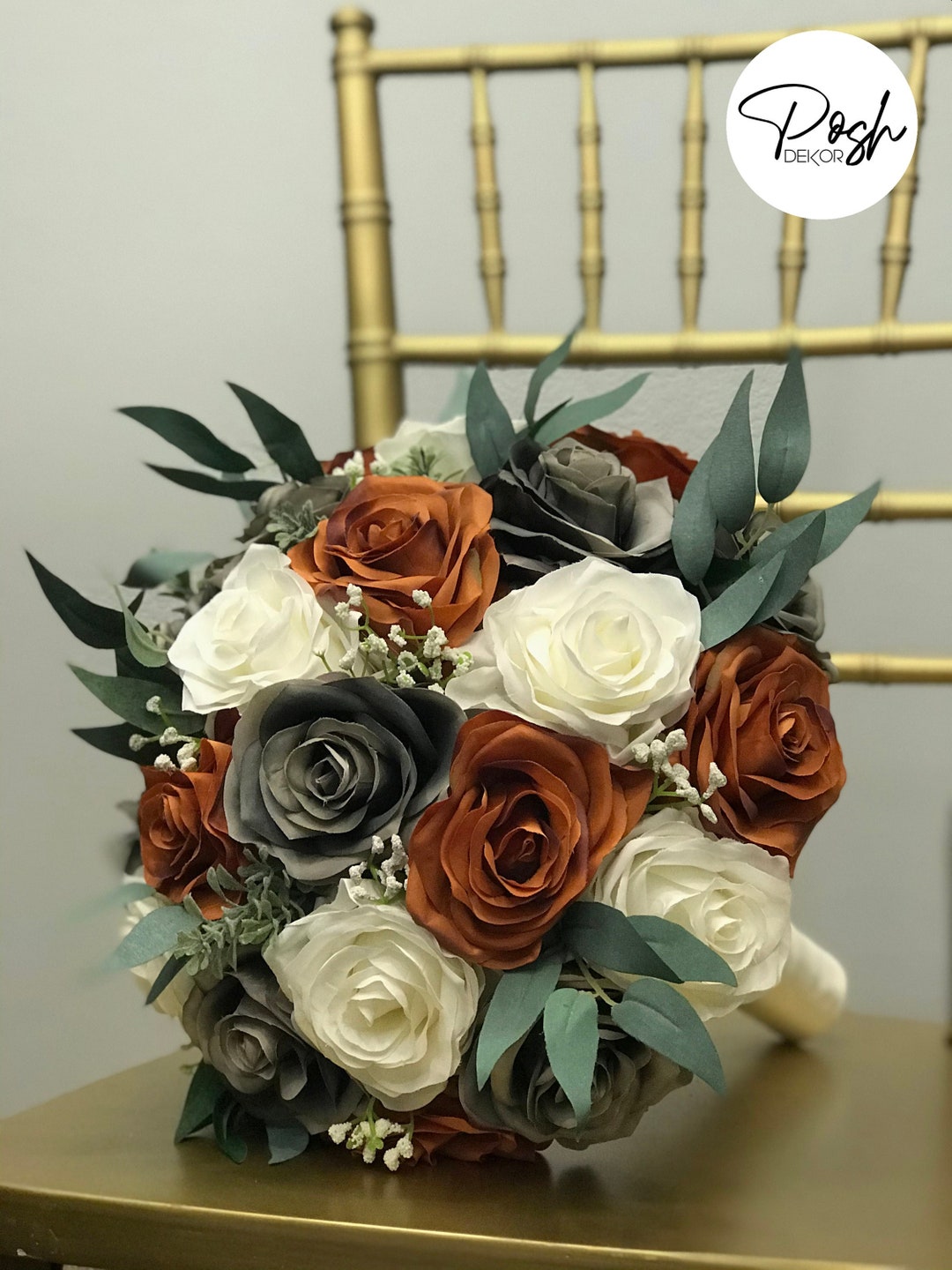 Rust Bridal Bouquet Burnt Orange Copper Gray Ivory Roses With ...
