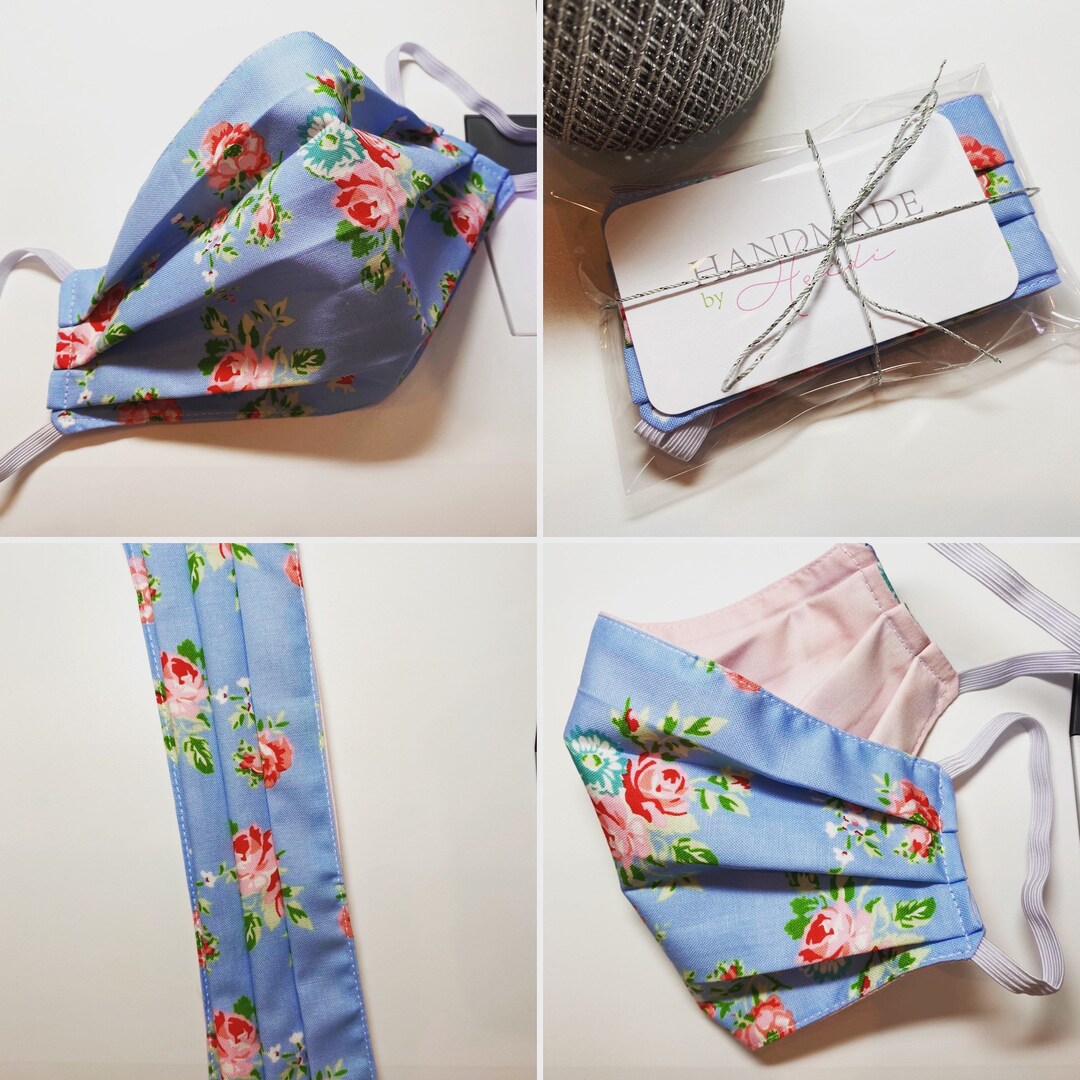 Classic Floral Mask With Blue Background - Pink Roses - Custom Fashion ...