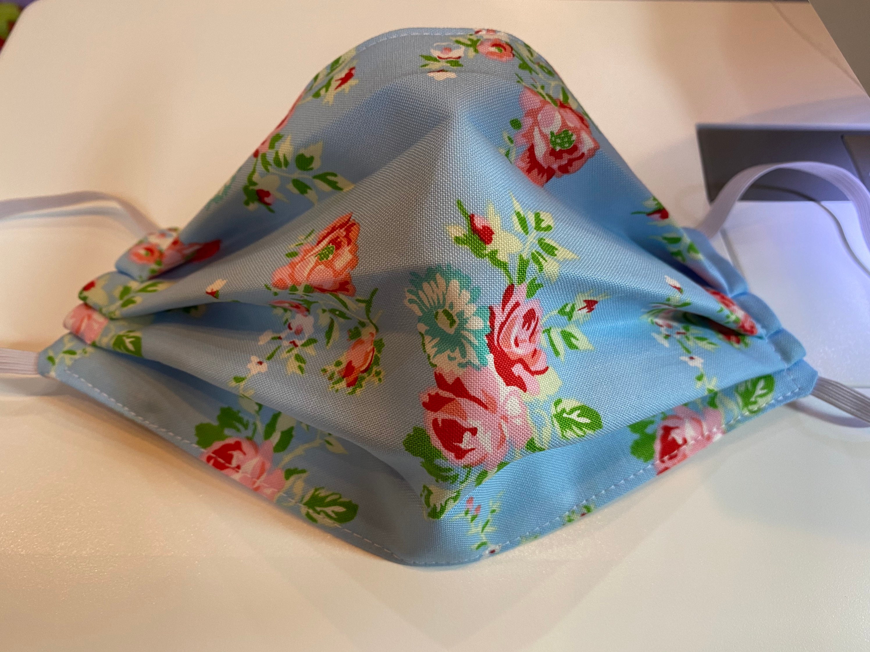 Classic Floral Mask With Blue Background - Pink Roses - Custom Fashion ...
