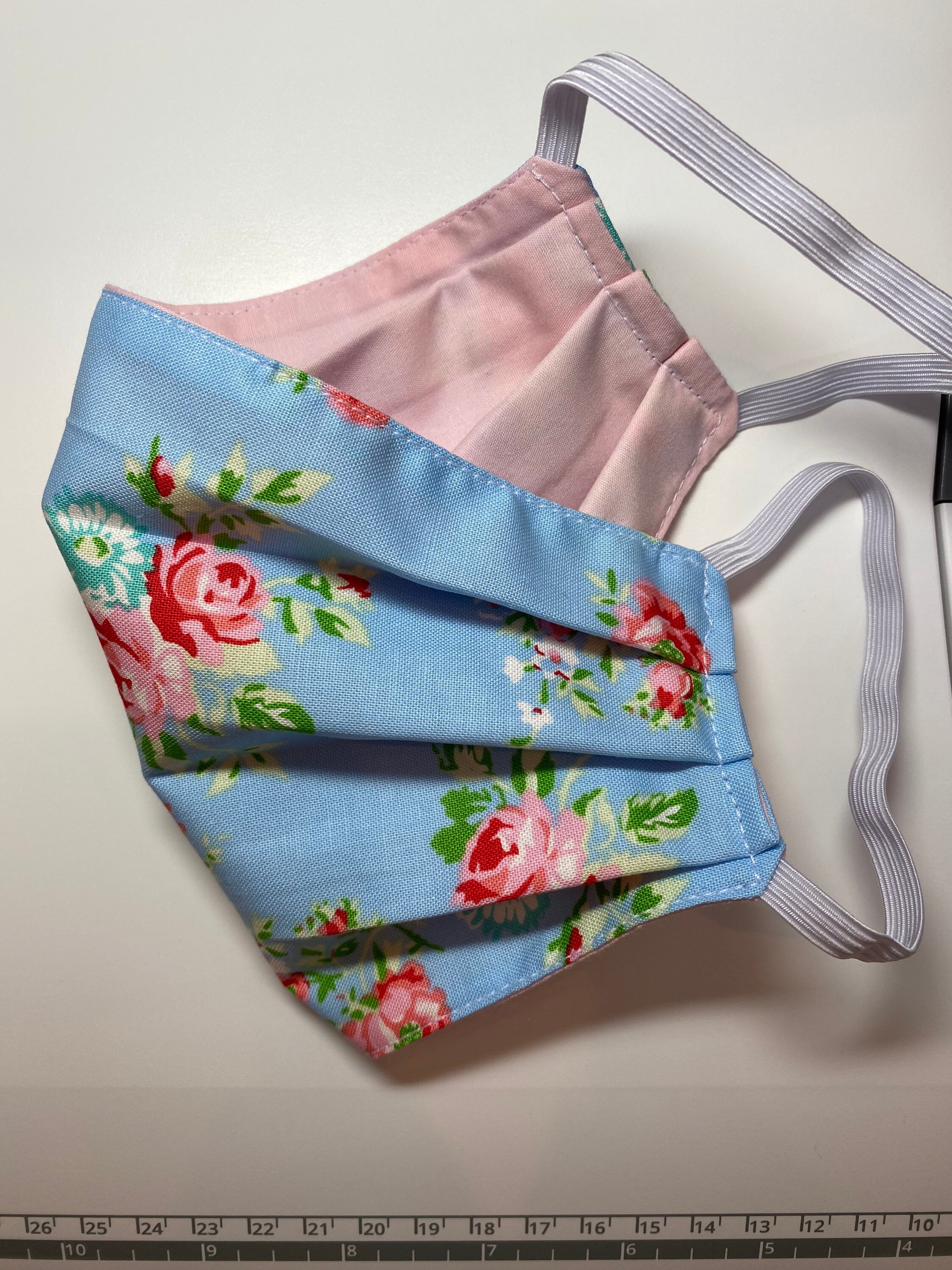Classic Floral Mask With Blue Background - Pink Roses - Custom Fashion ...