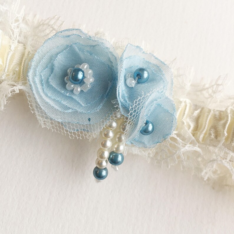 Brides wedding garter UK with Something Blue fabric flowers | Etsy