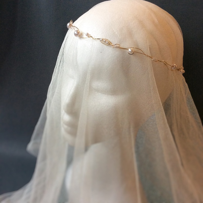 Gold circlet with pearl beads ivory bridal halo boho wedding | Etsy