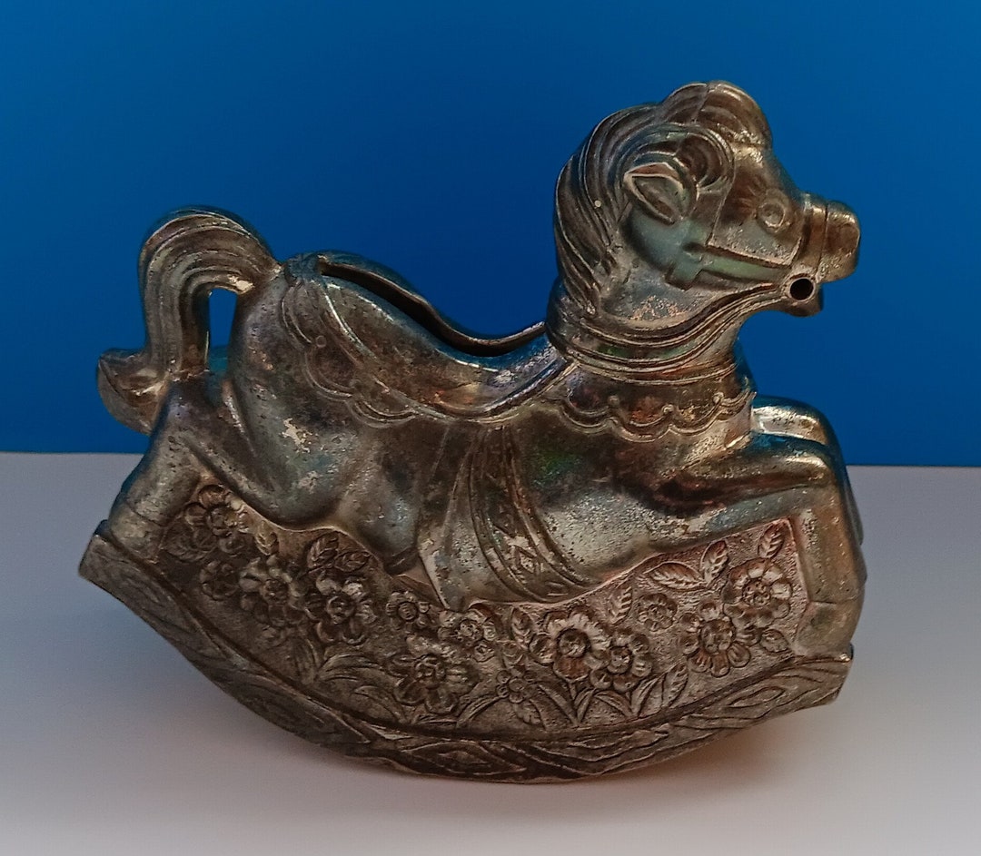 Vintage Silver Plate Rocking Horse Coin Bank, Mid Century Metal Rocking ...