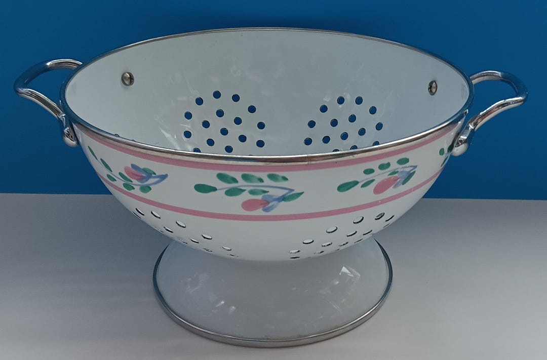 Vintage White Floral Enamelware Colander, Retro Kitchen Colander ...