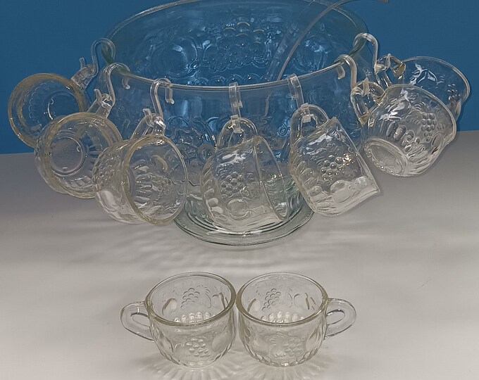 Vintage Glass Punch Bowl Set With Nine Glass Punch Cups, Plastic Ladle ...