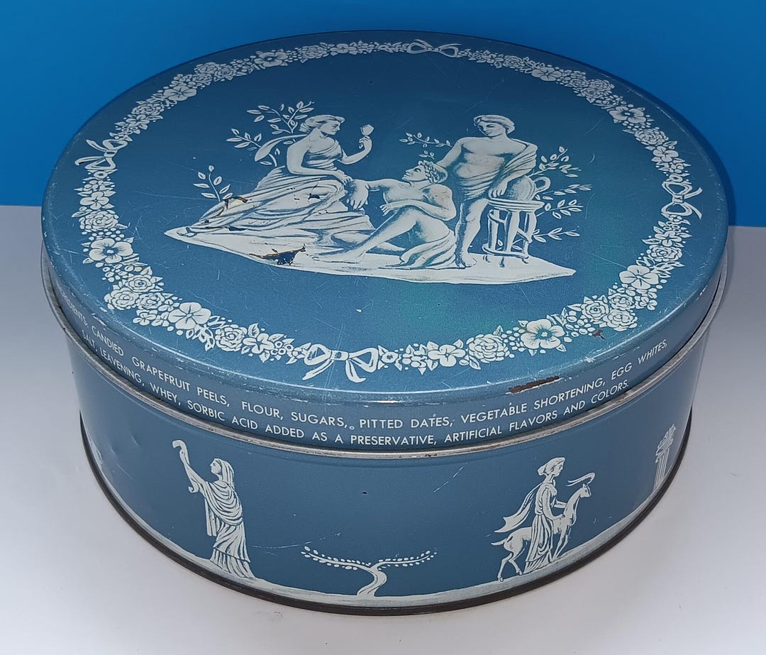 Vintage Blue and White Fruitcake Tin Box With Roman Statues Design ...