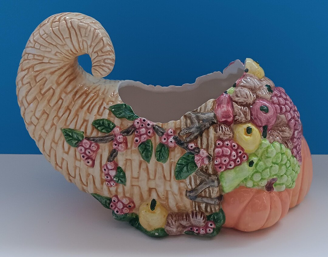 Vintage Ceramic Floral Fruit and Vegetable Cornucopia Planter by New ...