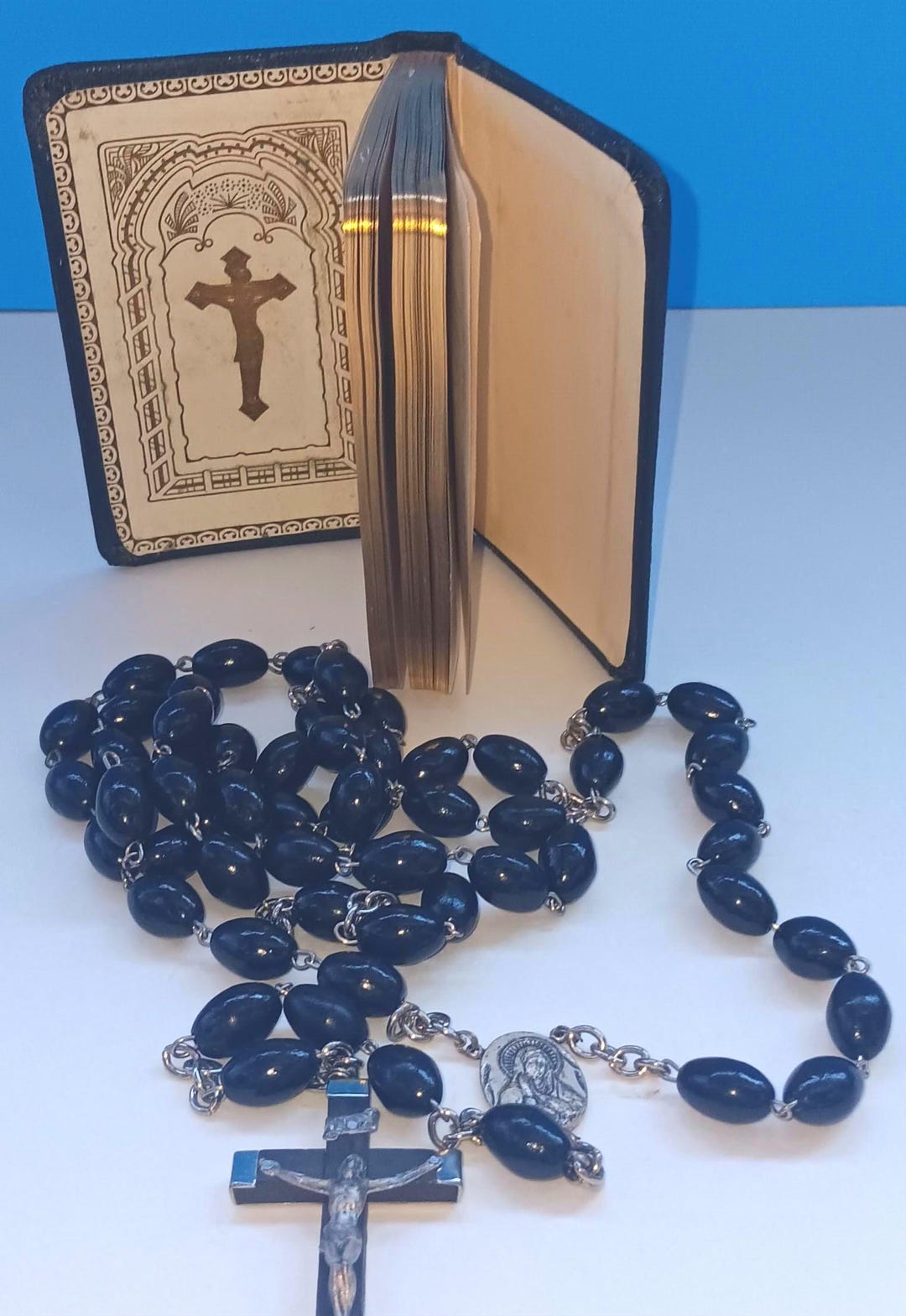 Vintage Miniature Prayer Book and Rosary, Mid Century Black Rosary/mini ...