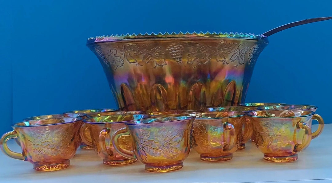 Vintage Indiana Carnival Glass Punch Bowl Set With Twelve Cups/ladle ...