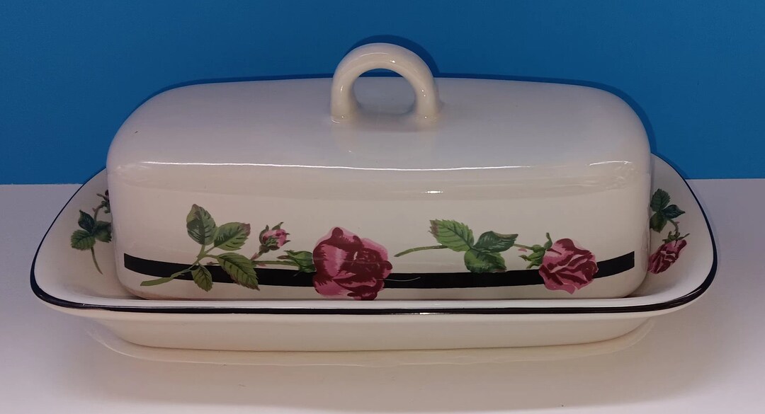 Vintage Butter Dish With Red Rose Design by Tienshan Stoneware, Vintage ...