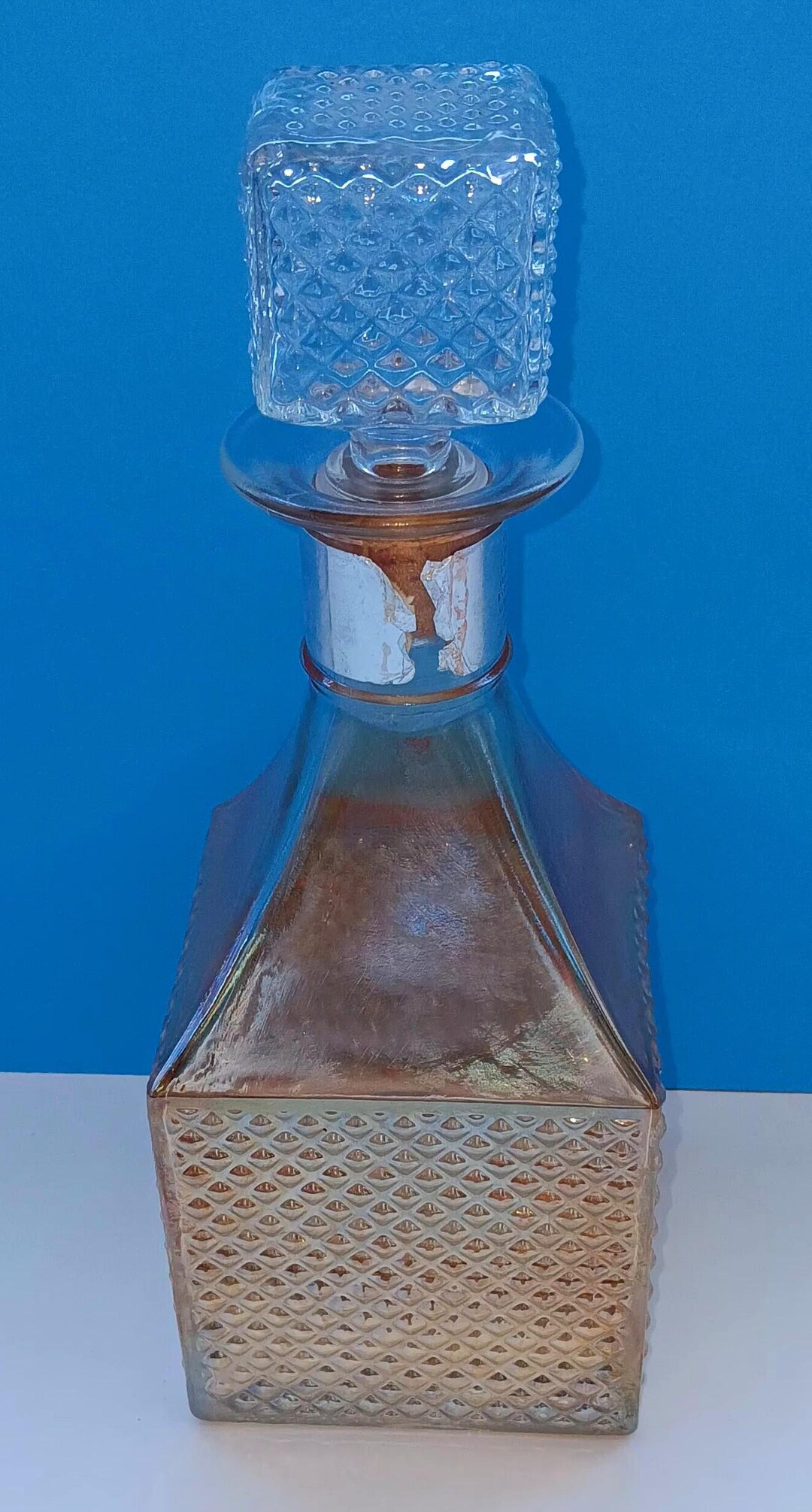 Vintage Carnival Glass Iridescent Whiskey Decanter, Mid Century ...
